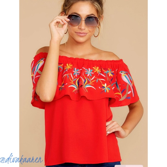 Tops | Embroidered Red Top Sleeveless Off Shoulder | Poshmark